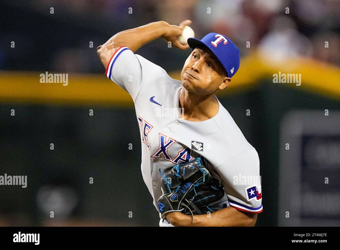Texas Rangers relief pitcher Jose Leclerc throws against the Arizona ...