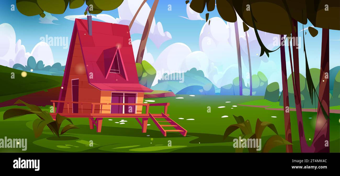 Cozy wooden cabin in forest among trees and bushes. Cartoon spring or ...
