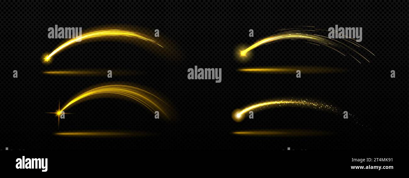 Set of shootings stars with golden arc trails isolated on transparent ...
