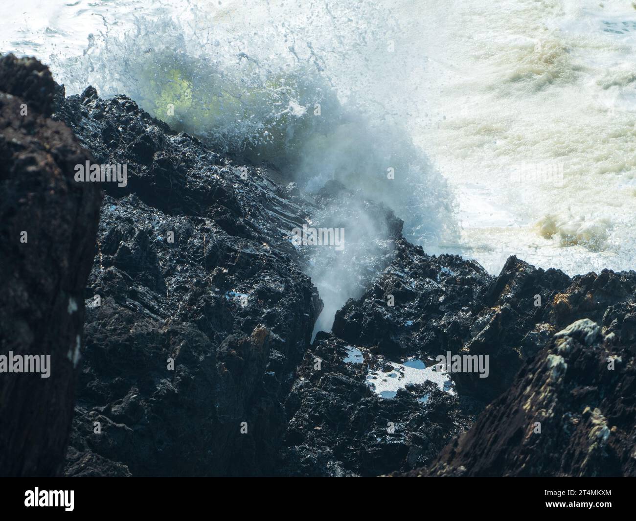 Water shooting up through a Small blowhole as waves crash in, Bonville ...
