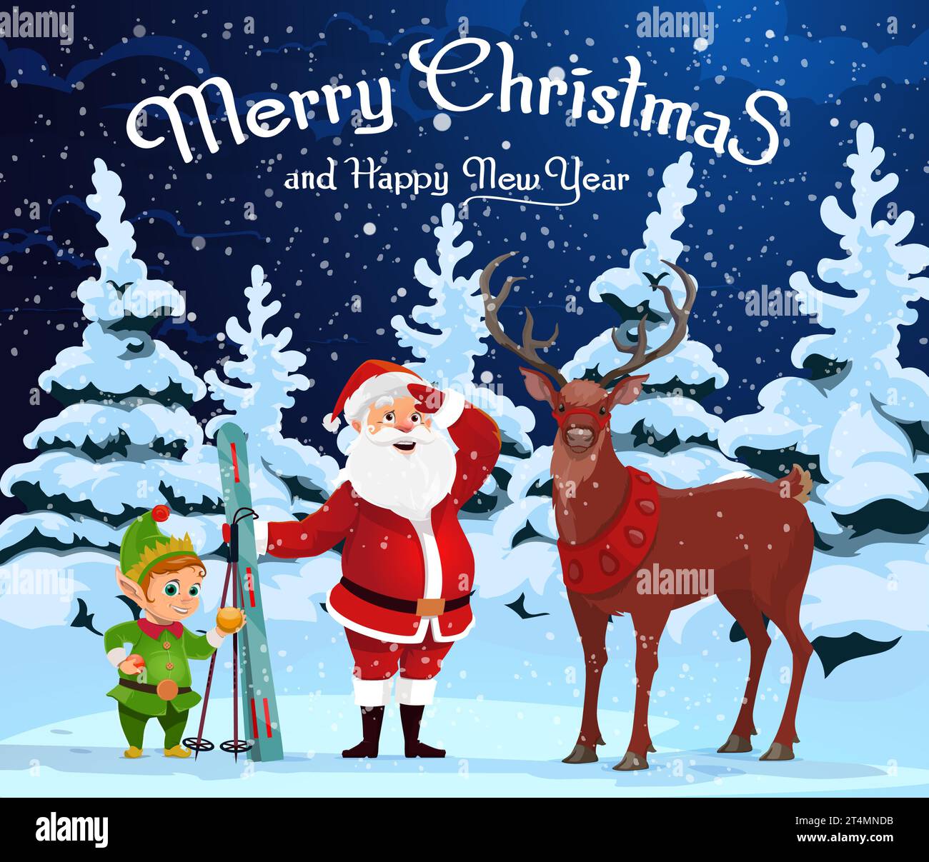 Christmas Santa stands with skis, elf and deer, ready to embark on a ...