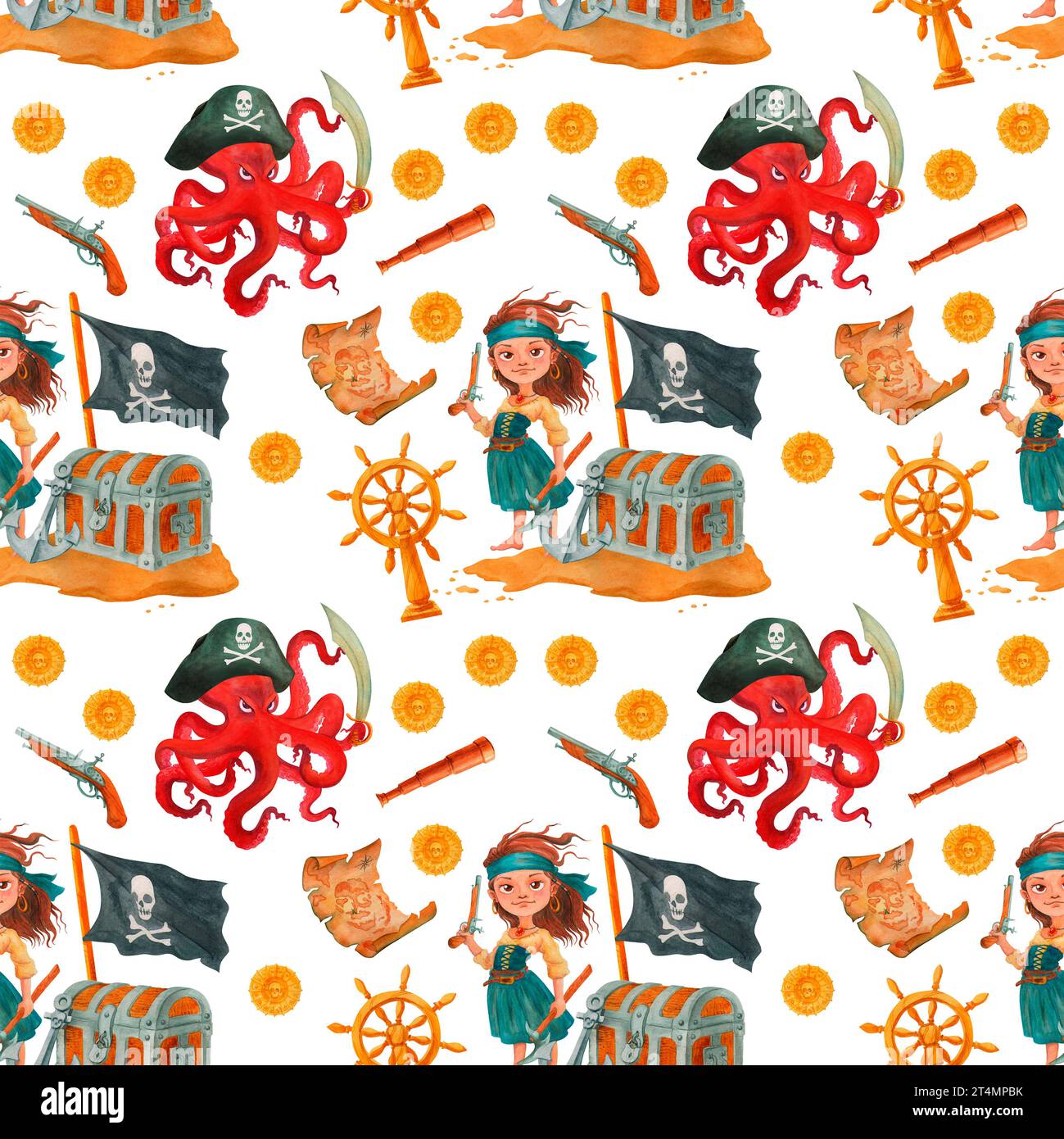 Cartoon seamless pattern with pirate girl and octopus, black flag ...