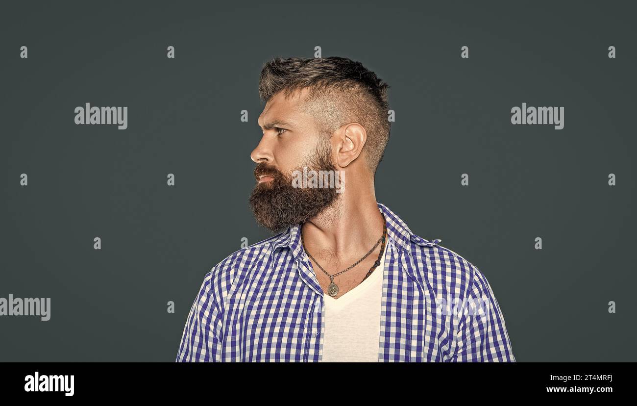bearded man profile in checkered shirt on grey background Stock Photo ...