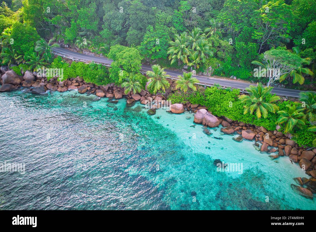 Bird eye drone of baie lazare beach, granite stones, turquoise water ...
