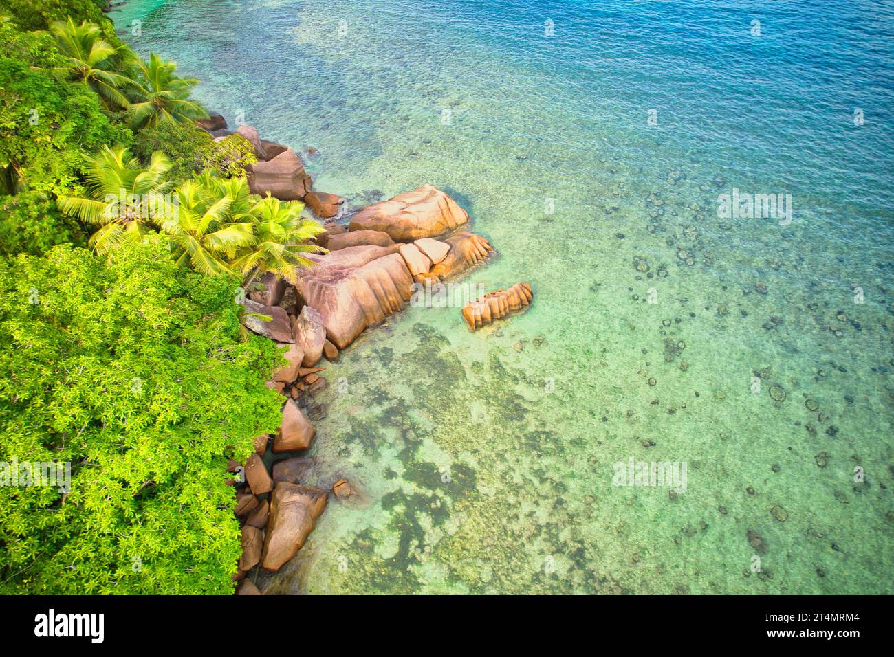 Bird eye drone of baie lazare beach, granite stones, turquoise water ...
