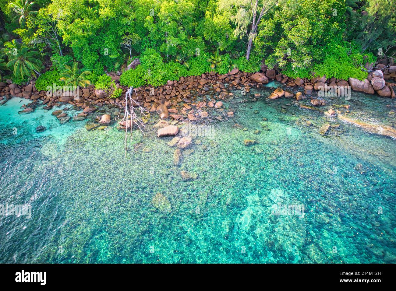 Bird eye drone of baie lazare beach, granite stones, turquoise water ...