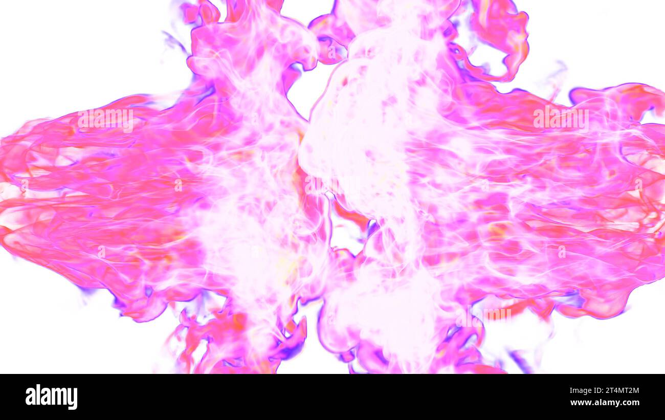 3d illustration. Tongues of pink flame collide from opposite sides on a ...
