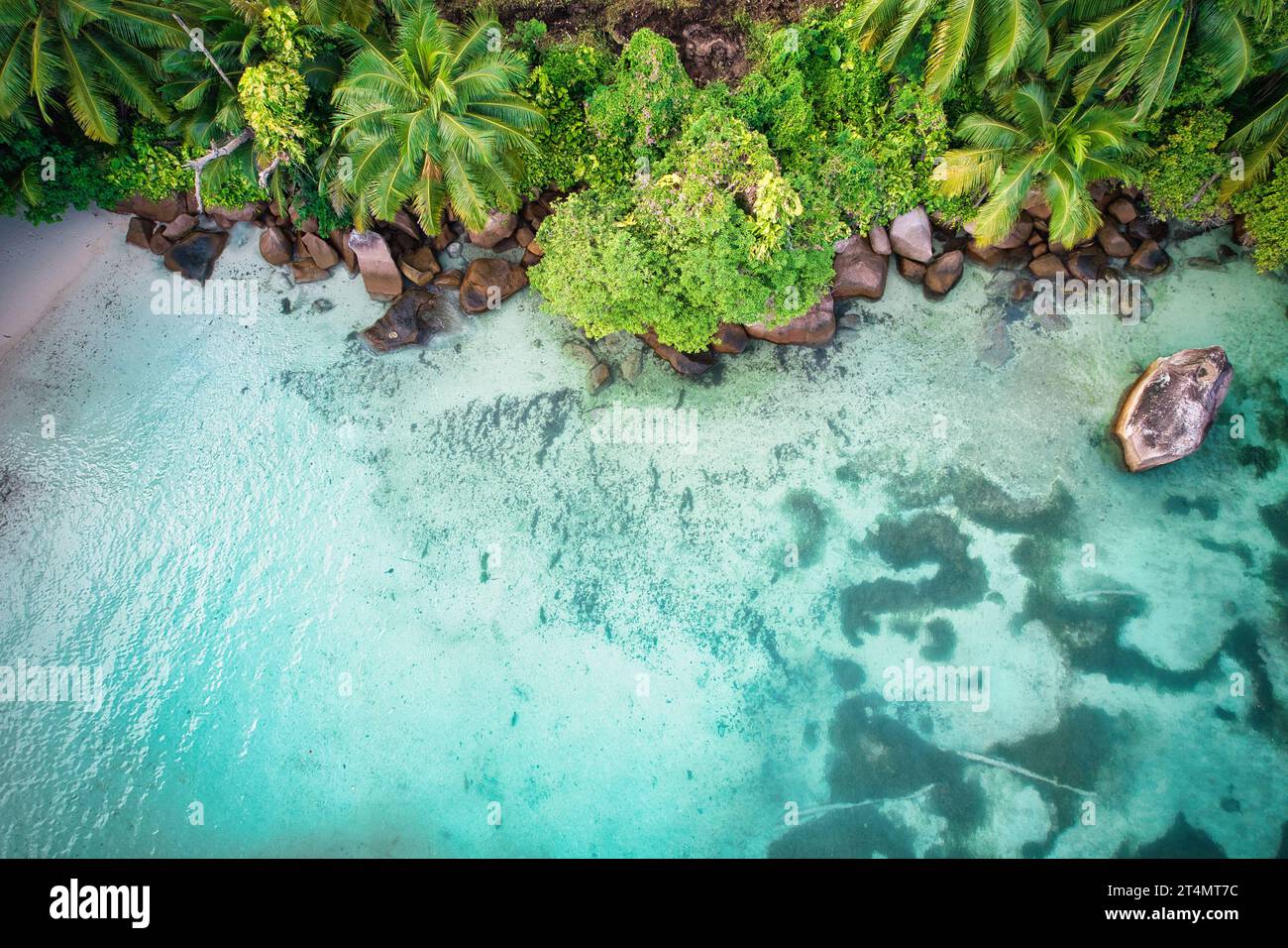 Bird eye drone of baie lazare beach, granite stones, turquoise water ...
