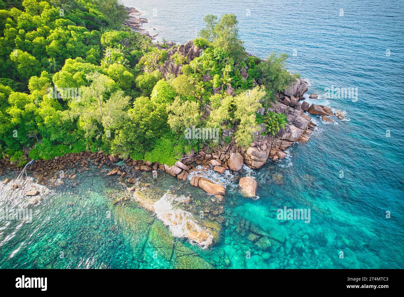 Drone of baie lazare beach, granite stones, turquoise water, coconut ...