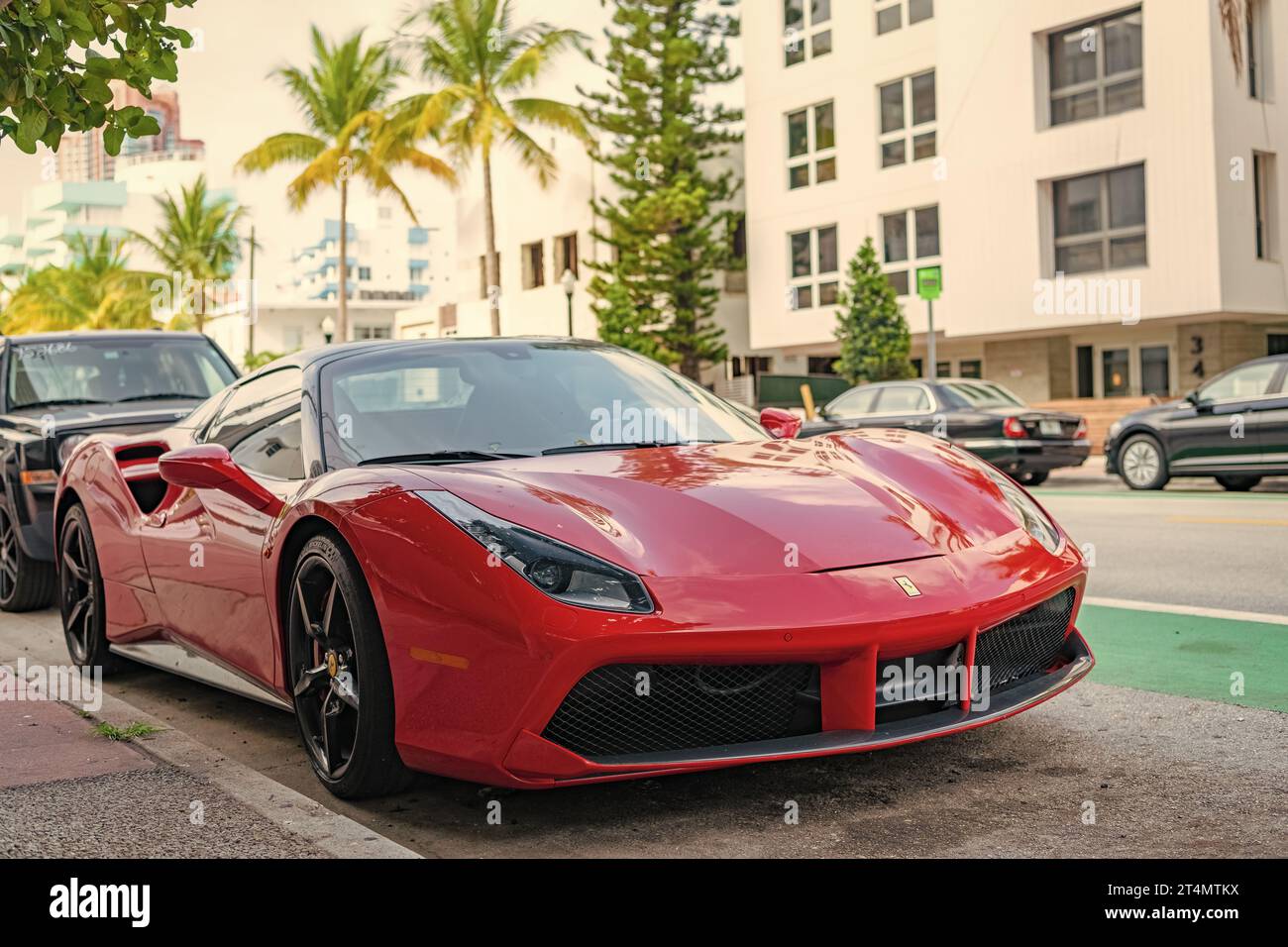 Miami Beach, Florida USA - April 18, 2021: parked red Ferrari 488 GTB ...