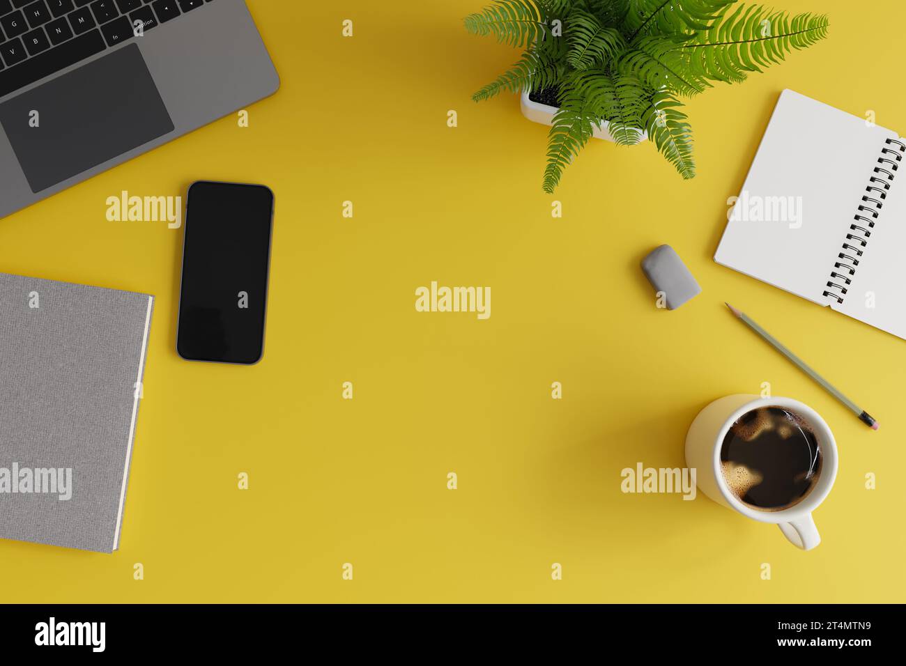 Top view desk background with notebook and smartphone coffee laptop on ...