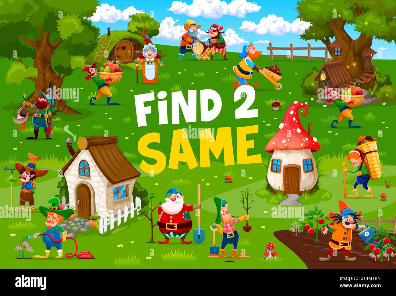 Find two same cartoon fairytale funny gnomes at village, vector quiz ...