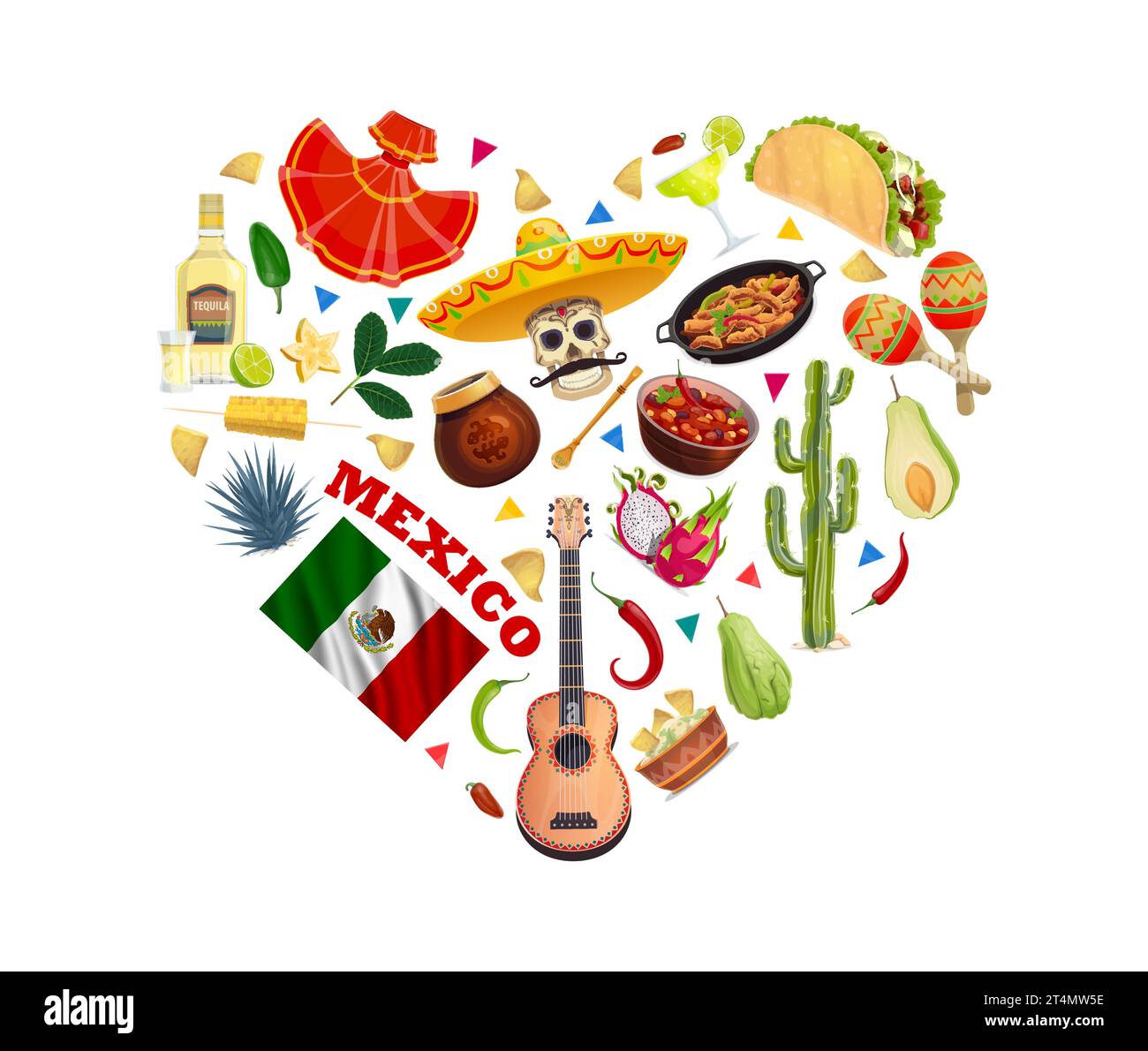 Love Mexico heart shape with cartoon mexican flag, food and music ...
