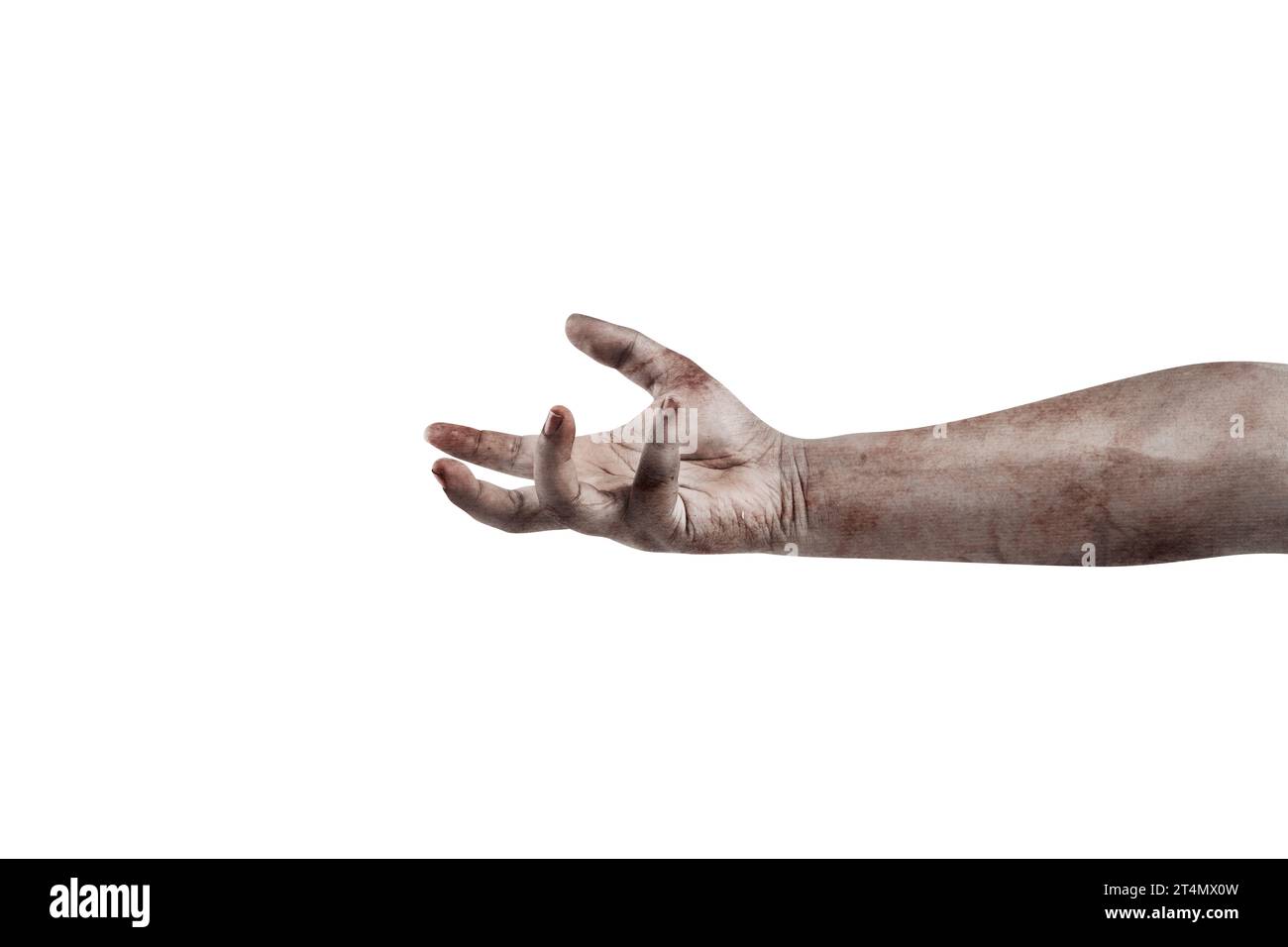 The hand of a scary zombie with blood and wounds isolated over a white ...