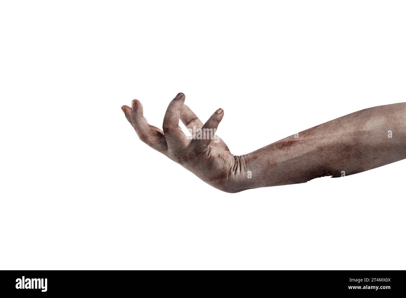 The hand of a scary zombie with blood and wounds isolated over a white ...
