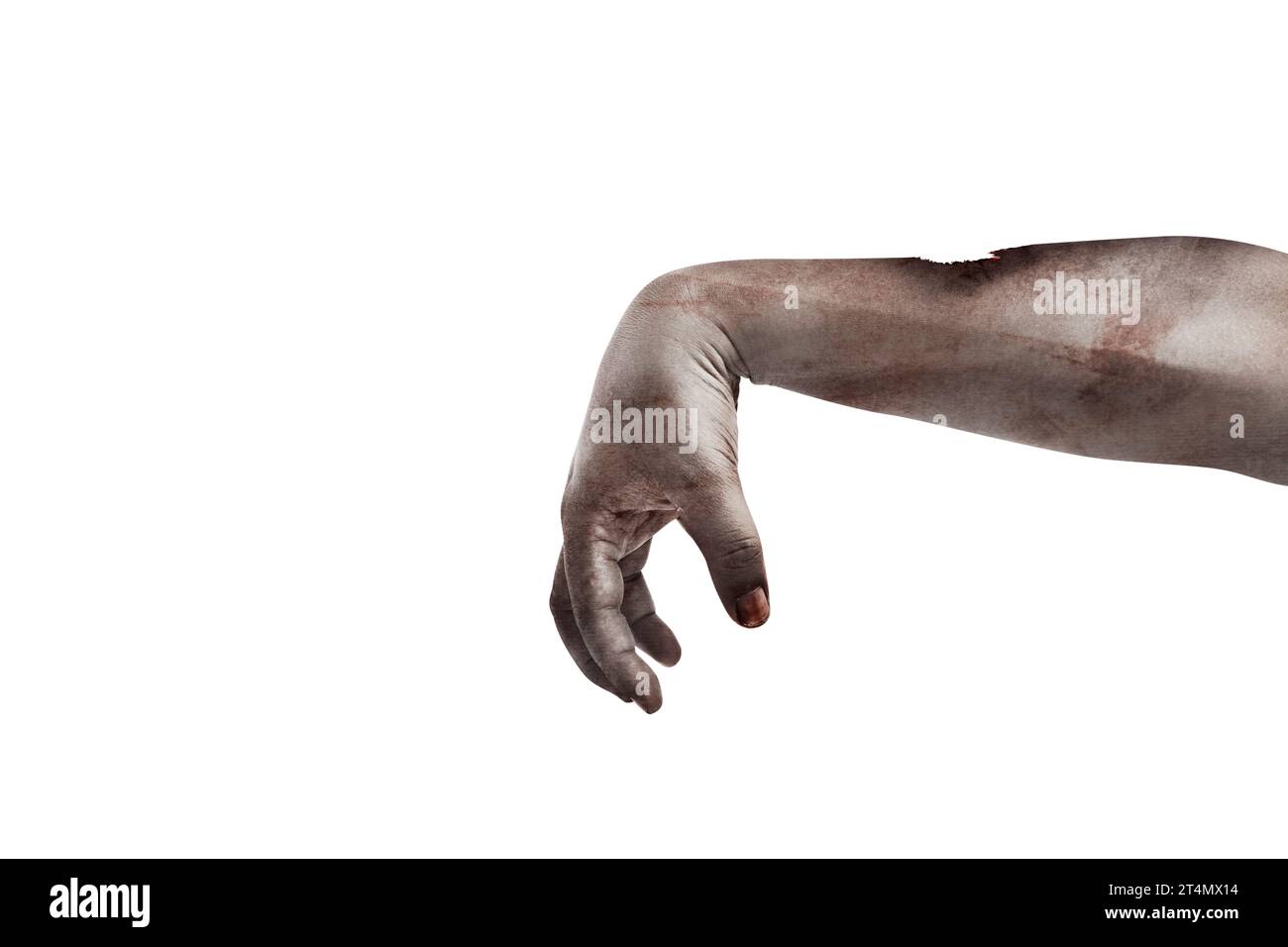 The hand of a scary zombie with blood and wounds isolated over a white ...