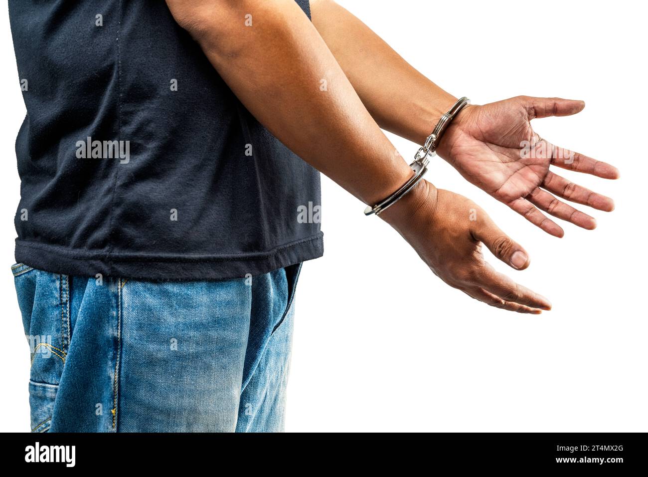 Arrested man with a handcuff on his hand isolated over a white ...