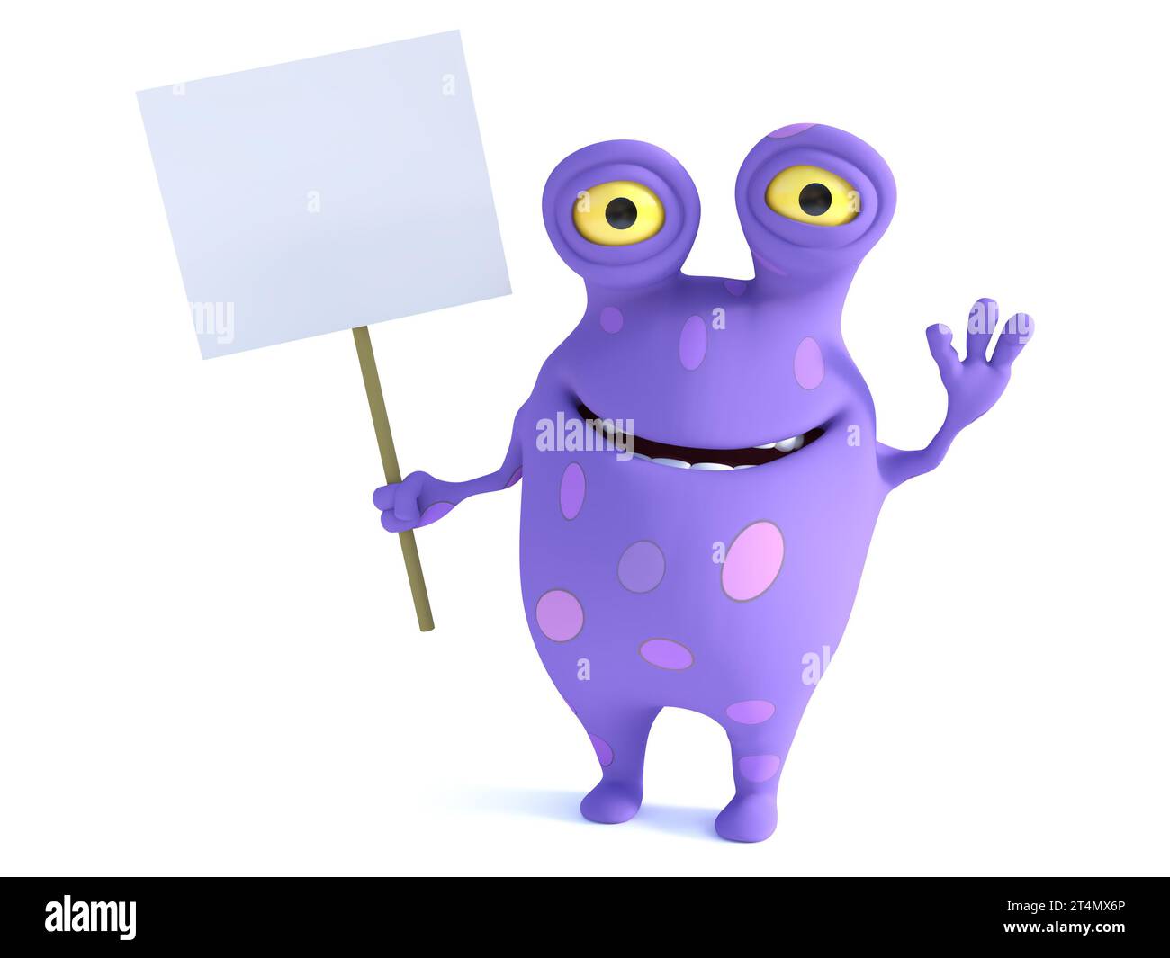 A cute charming cartoon monster holding a blank sign and waving its ...