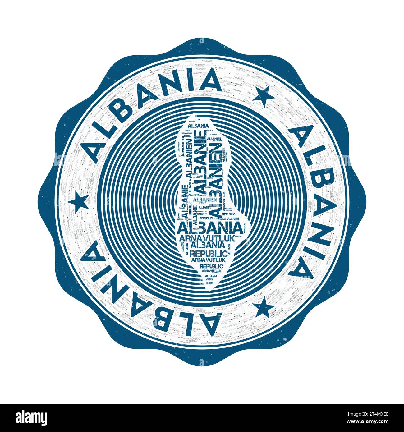 Albania seal. Country round logo with shape of Albania and country name ...