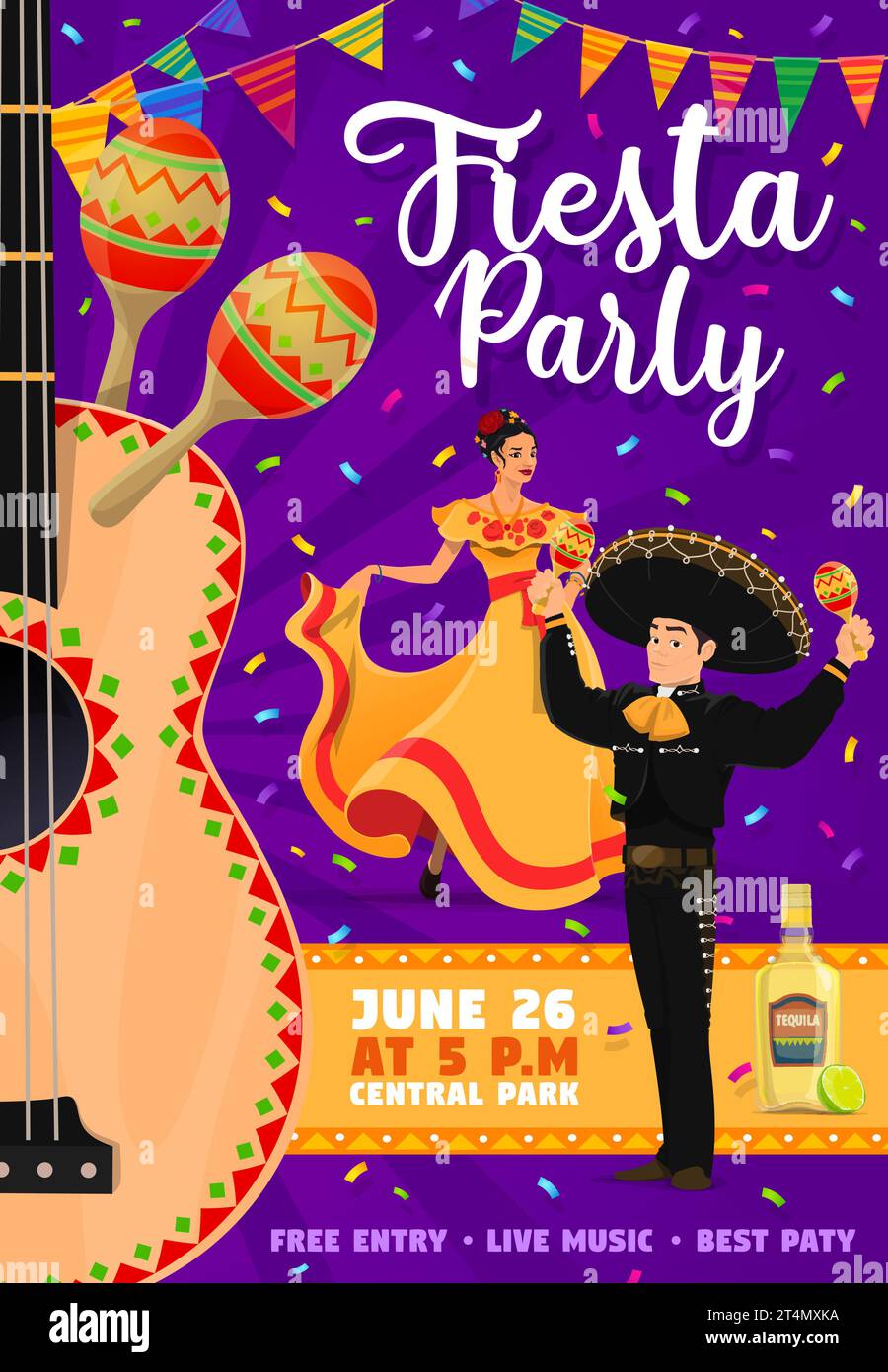 Mexican fiesta party flyer. Dancing woman and mariachi musician ...