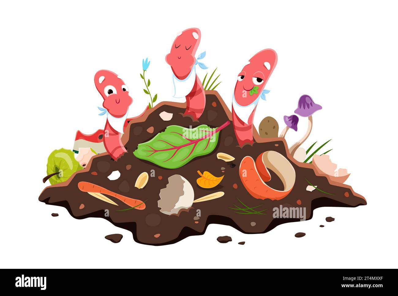 Cartoon earth worm characters eating compost or soil humus for ...