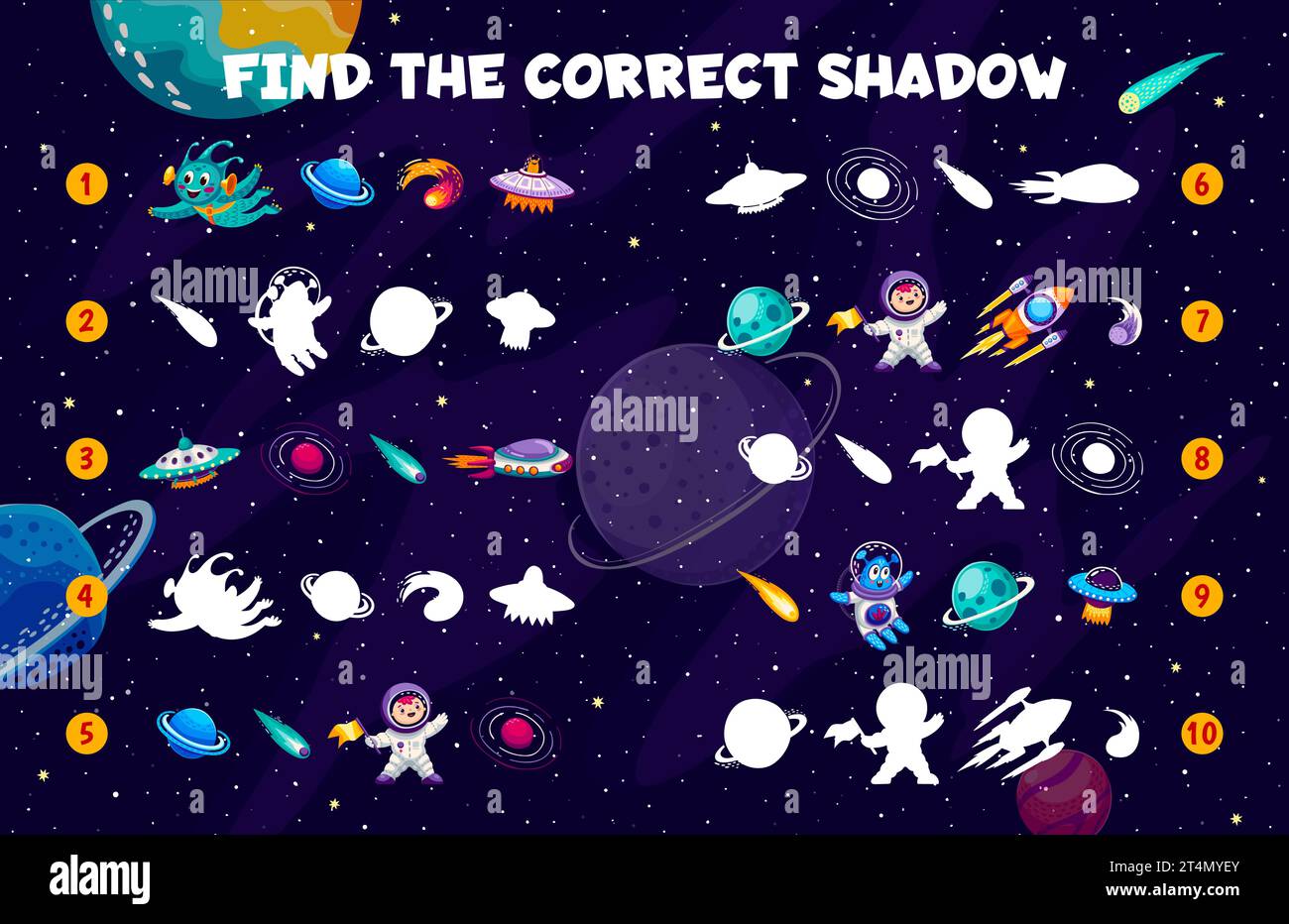 Find a correct shadow of space planets, spaceship, alien and astronaut ...