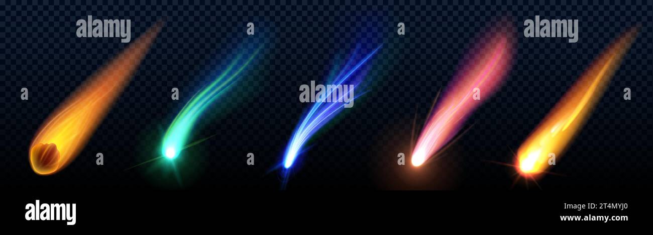 Comet or meteor trails set isolated on transparent background. Vector realistic illustration of ...
