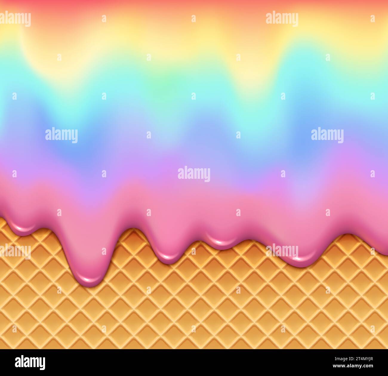 Realistic Melting Rainbow Ice Cream Drip And Wafer Background Vector
