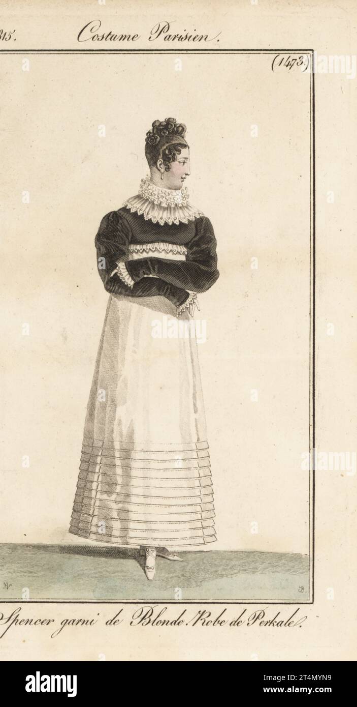 French woman in velvet spencer jacket decorated with blonde lace ...