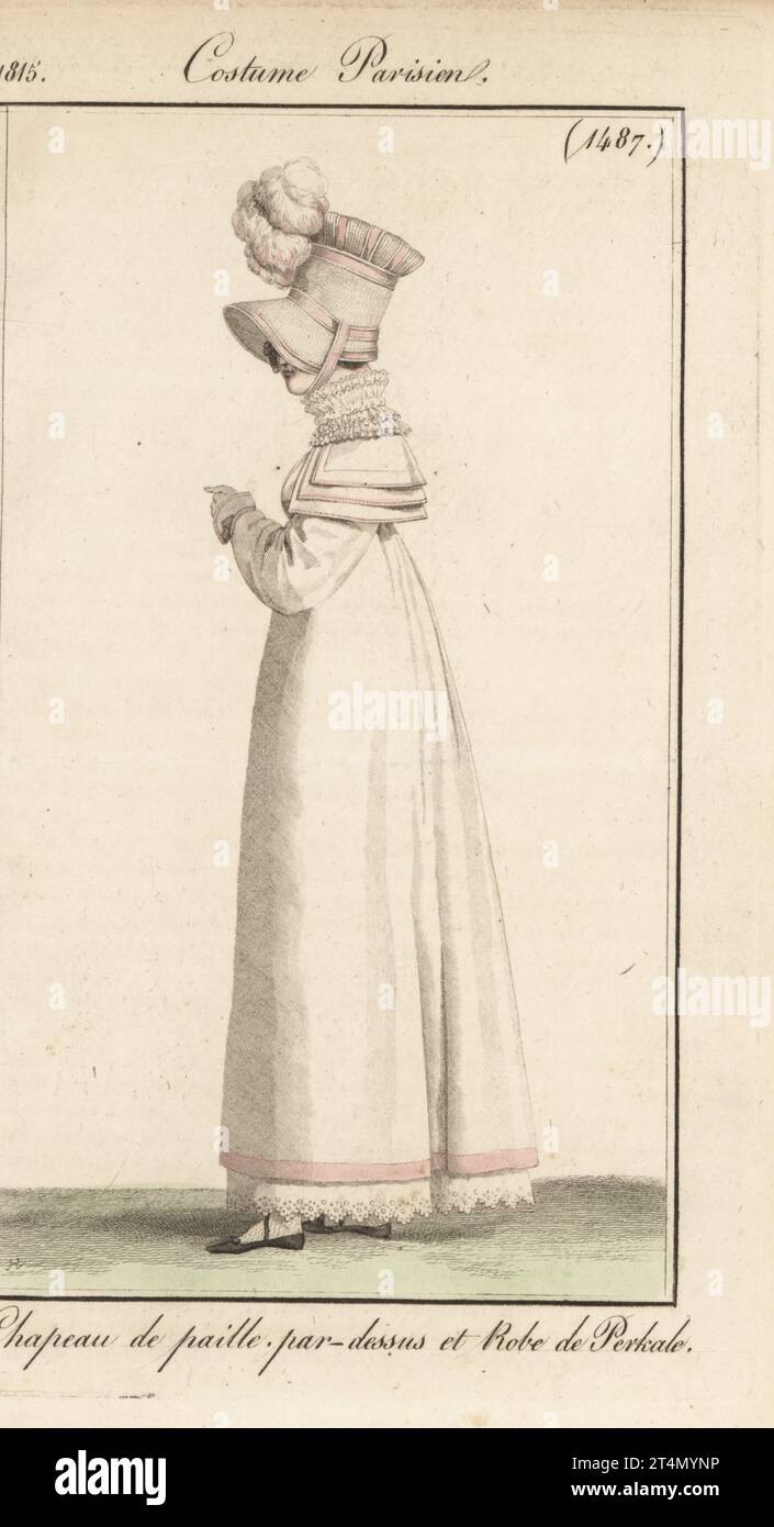 French woman in straw hat with plumes and ribbons, lace ruff, tunic and ...