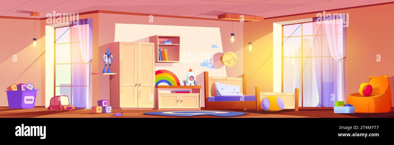 Kid bedroom interior cartoon vector background. Boy child room ...