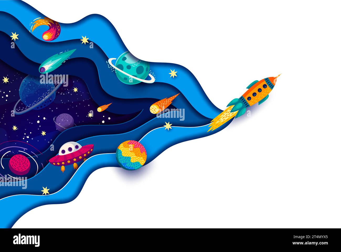 Cartoon paper cut space poster with rocket launch, galaxy planets and ... Cartoon paper cut space poster with rocket launch, galaxy planets and ...
