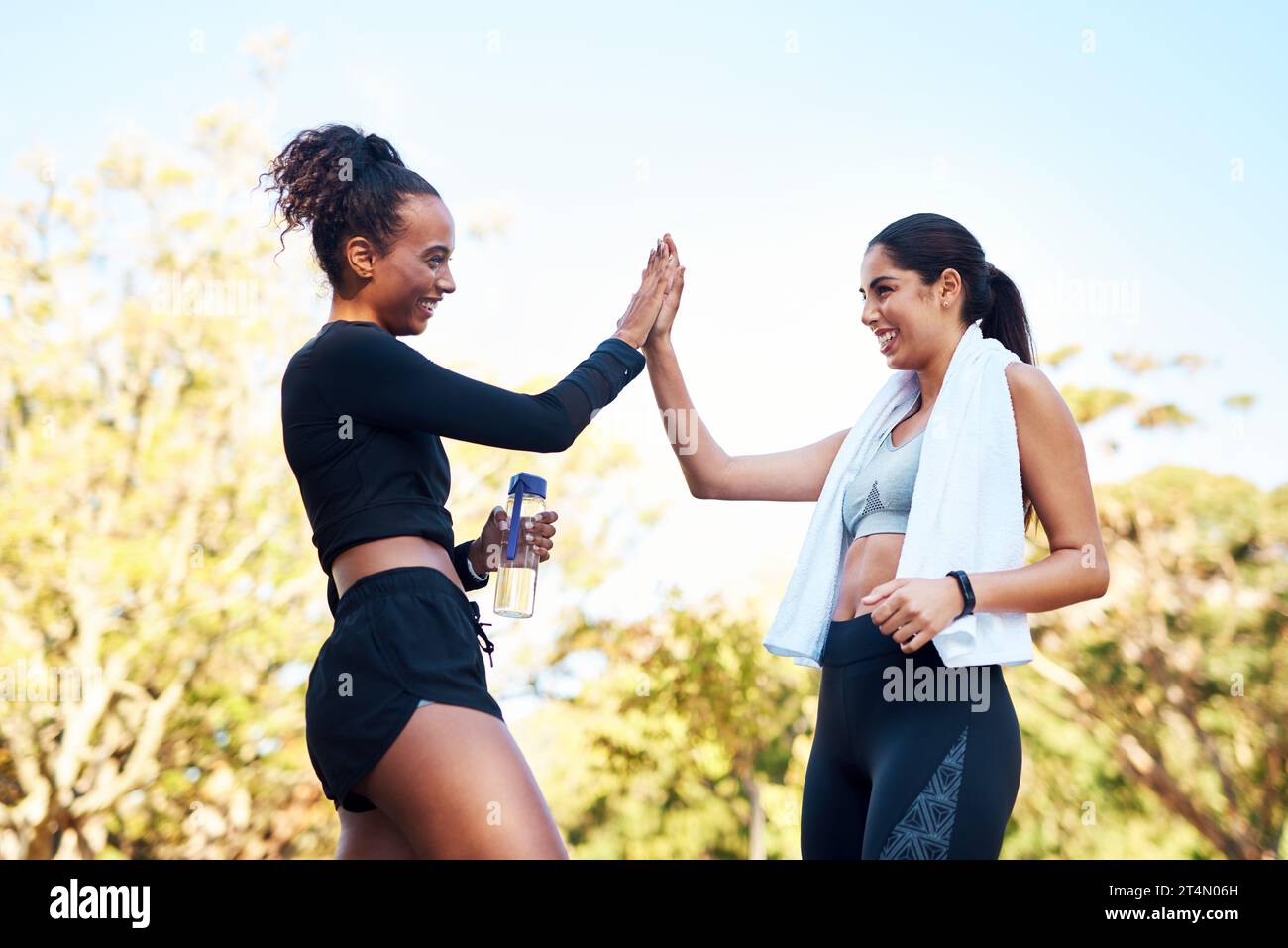Well done. two attractive young women giving each other a high-five ...
