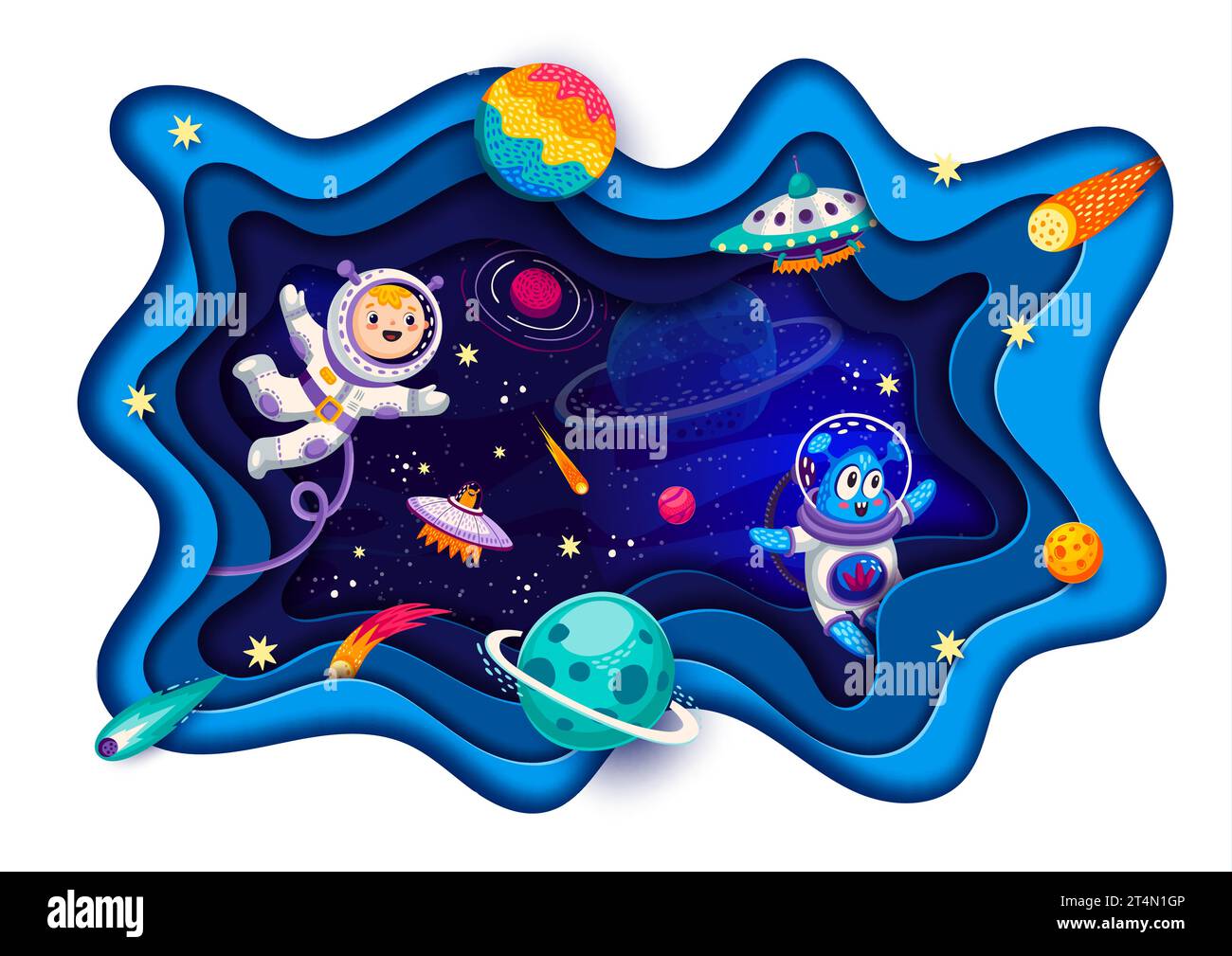 Space paper cut landscape with astronaut, alien and galaxy planets ...