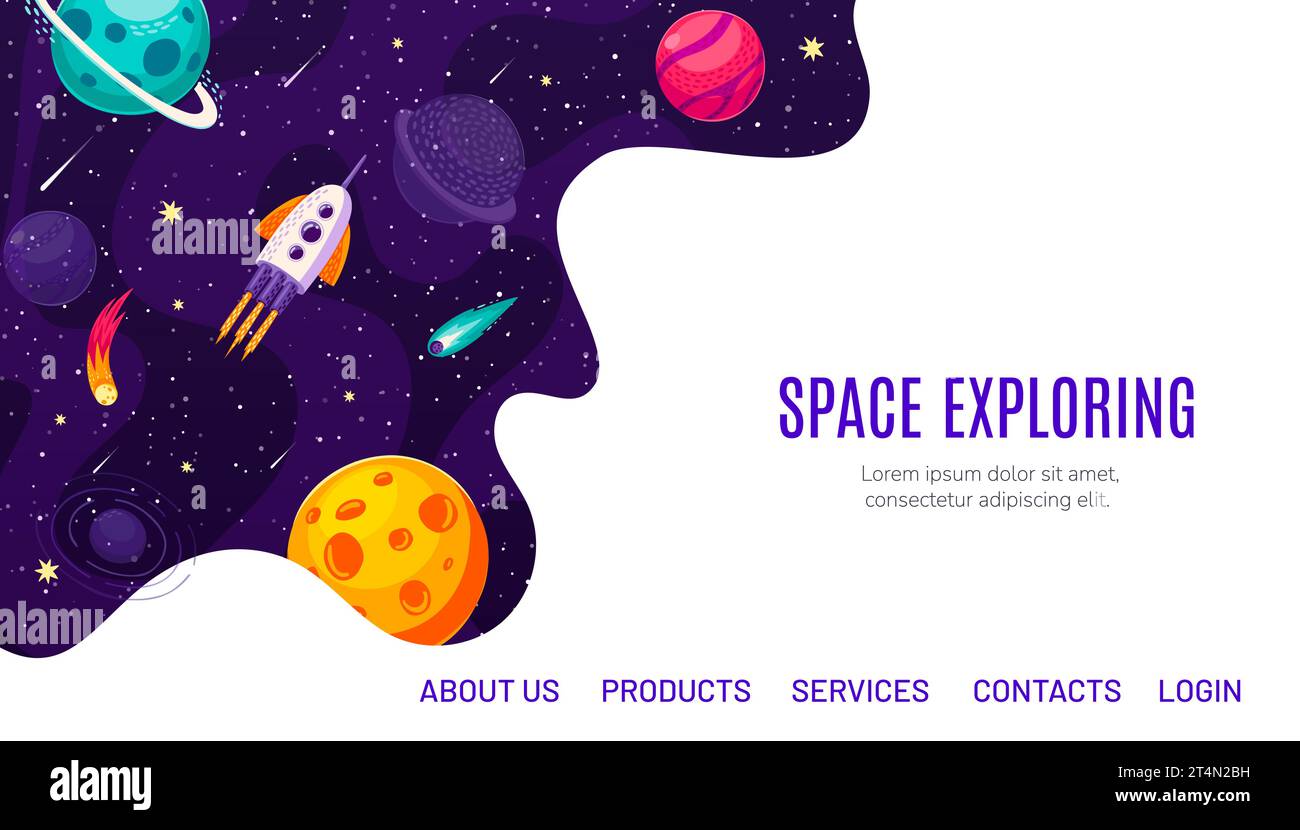 Galaxy space exploring landing page with cartoon rocket spaceship at ...