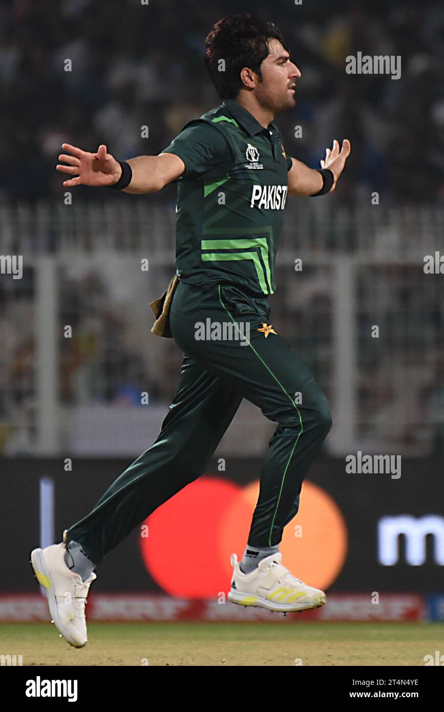 Kolkata, India. 31st Oct, 2023. Pakistan's Mohammad Wasim celebrates ...
