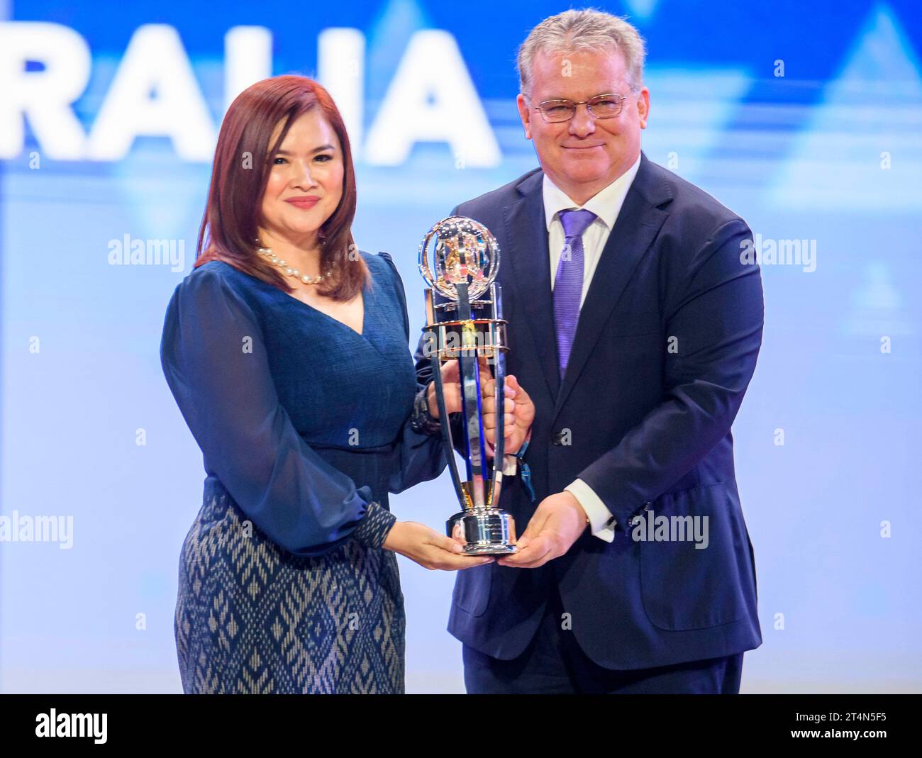 Doha, Qatar. 31st Oct, 2023. Chris Nikou (R), chairman of the Football ...