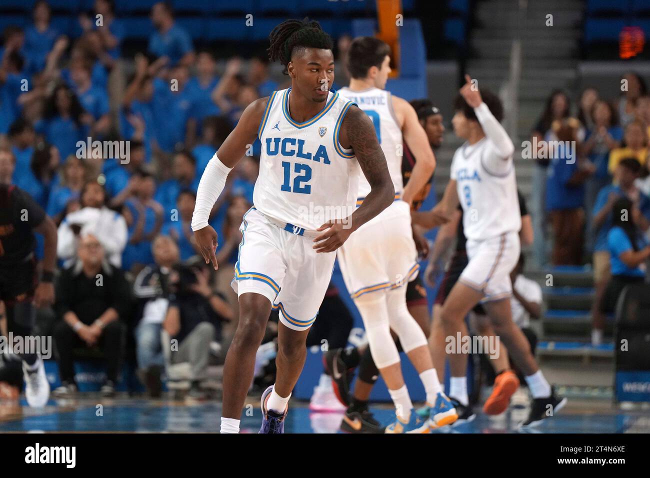 UCLA Bruins guard Sebastian Mack (12) reacts against the Cal State ...