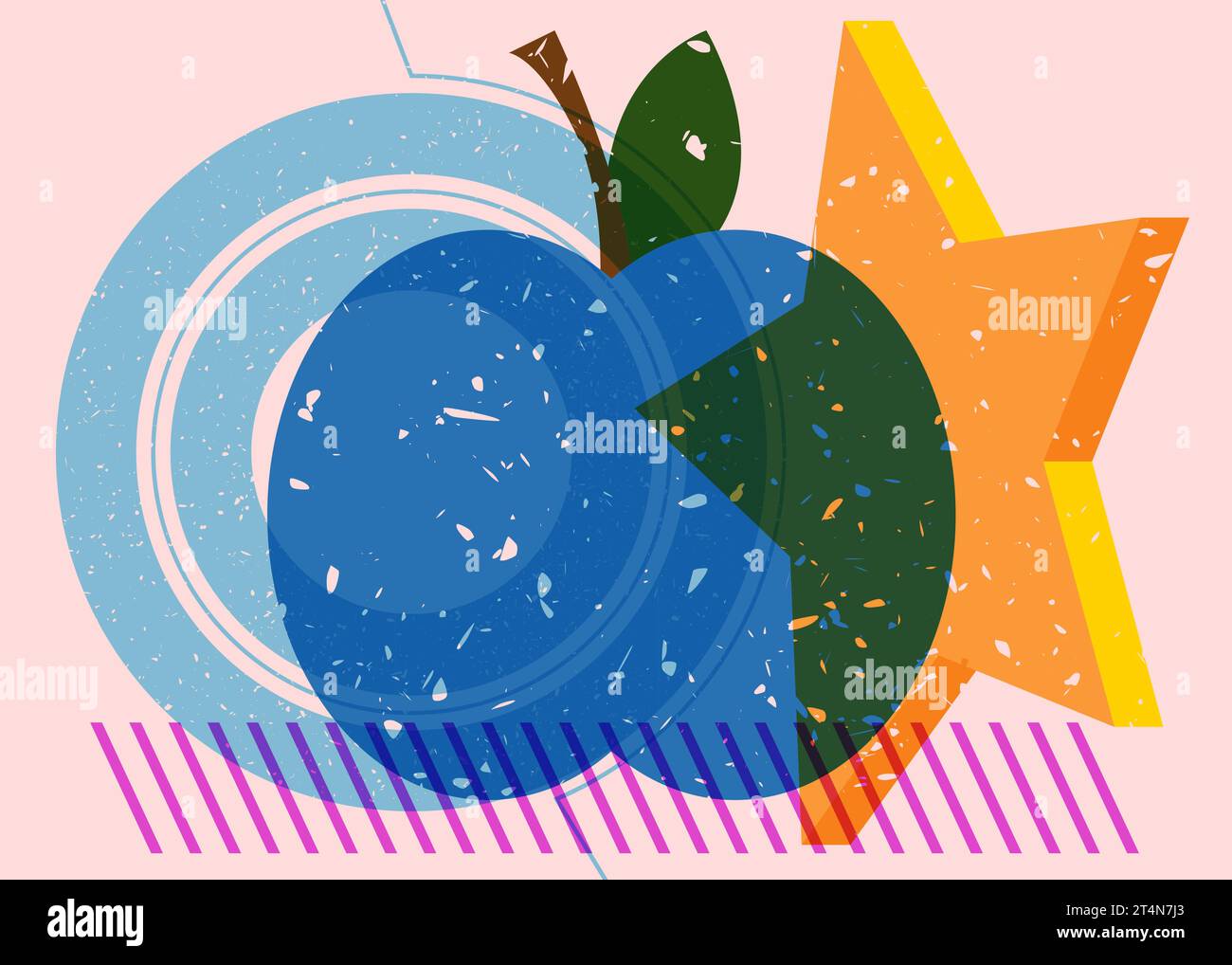 Risograph apple with geometric shapes. Fruit and object in trendy riso ...