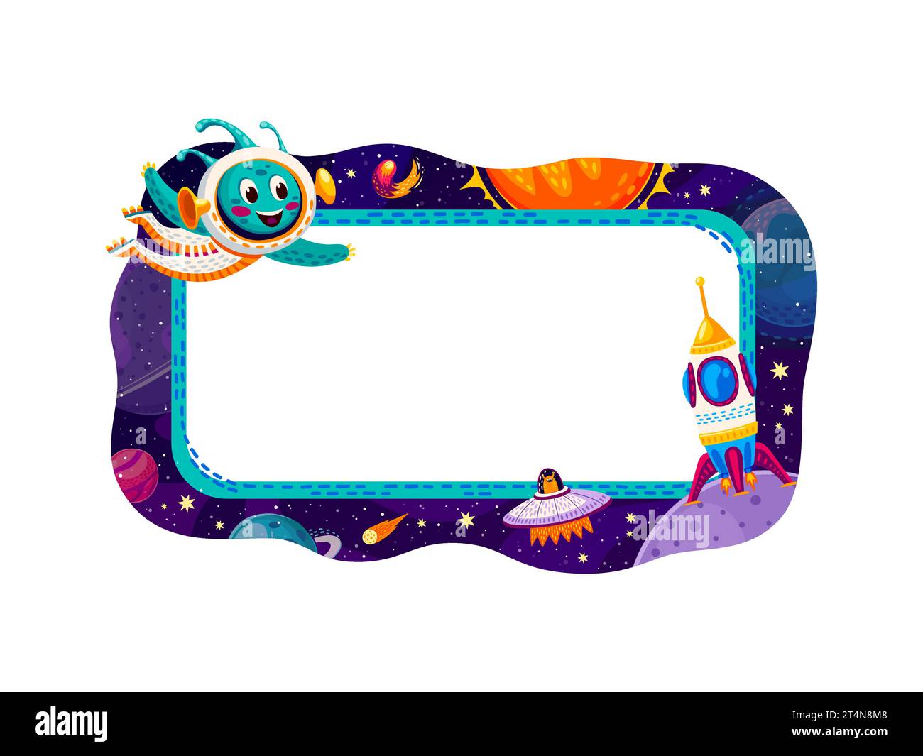 Border frame with space planets, stars and spaceship, kid astronaut and ...