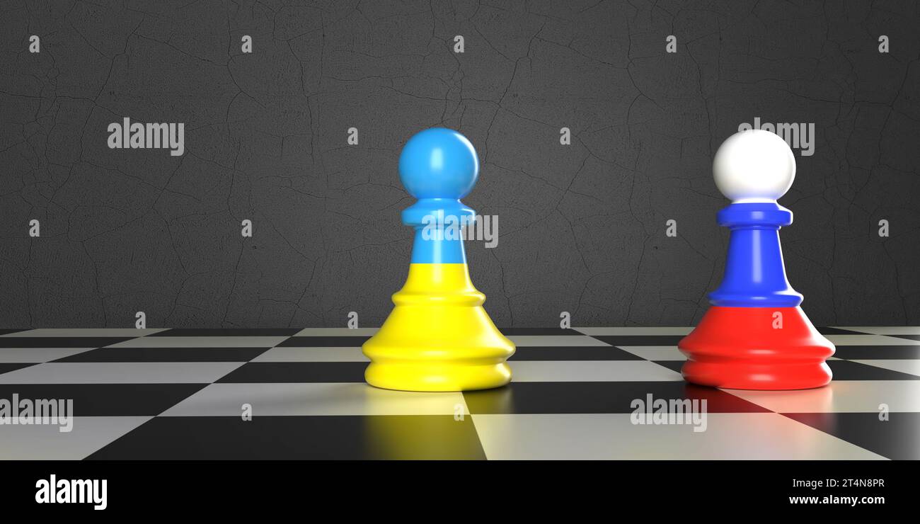 Chess fighting on a chessboard in Ukrainian and Russian flags. 3D ...