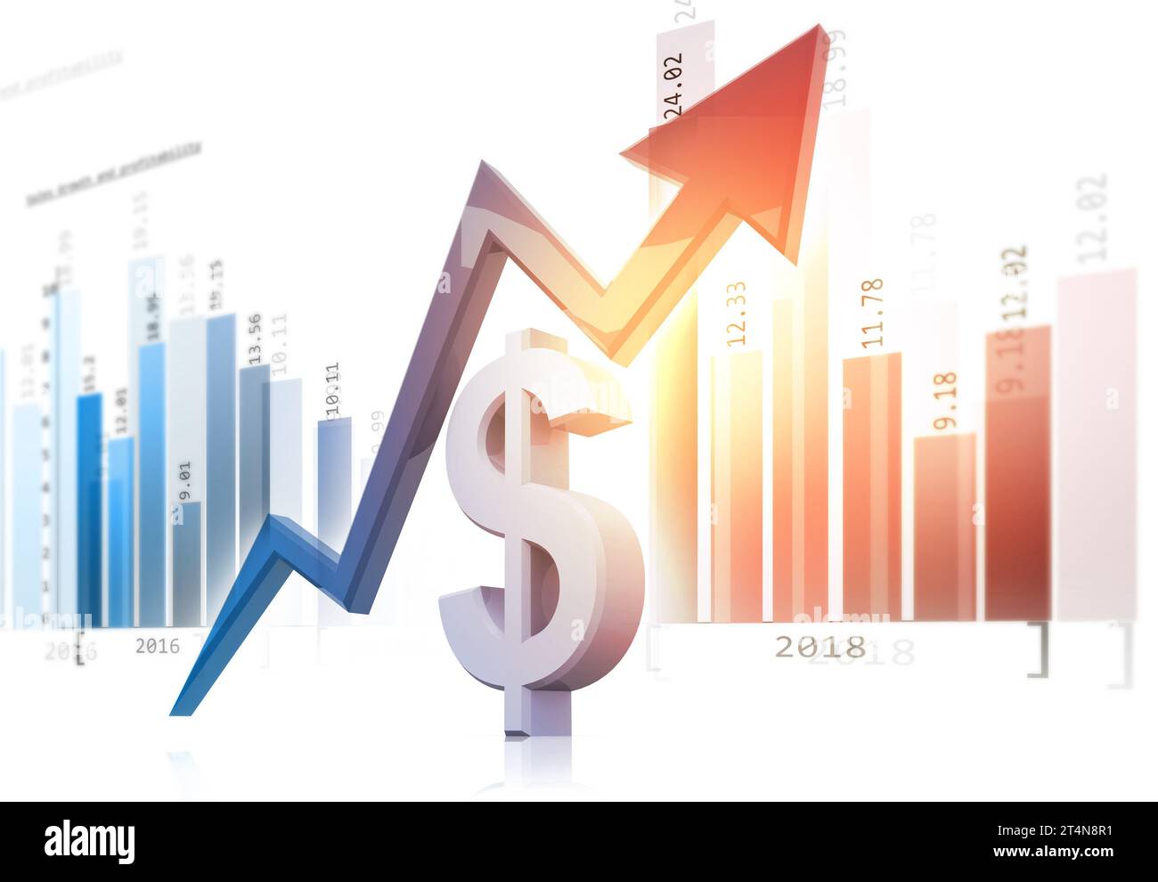 Digital graph chart of dollar growth. Arrow moving up over dollar sign ...