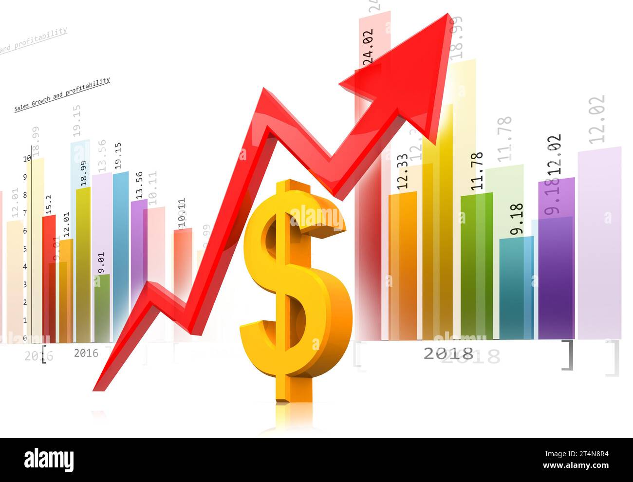 Digital graph chart of dollar growth. Arrow moving up over dollar sign ...