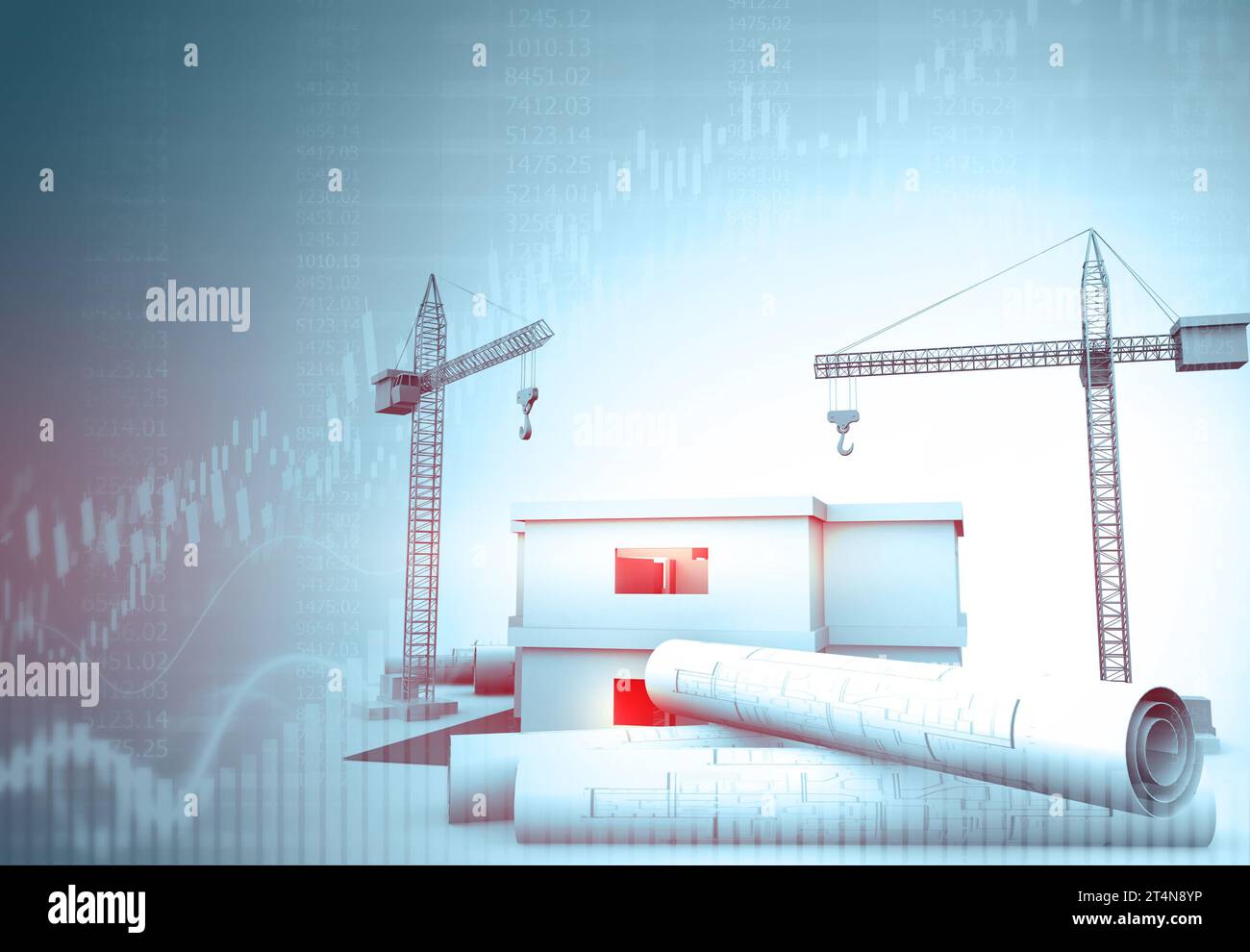 Building construction blueprint with stock market graph. 3d ...