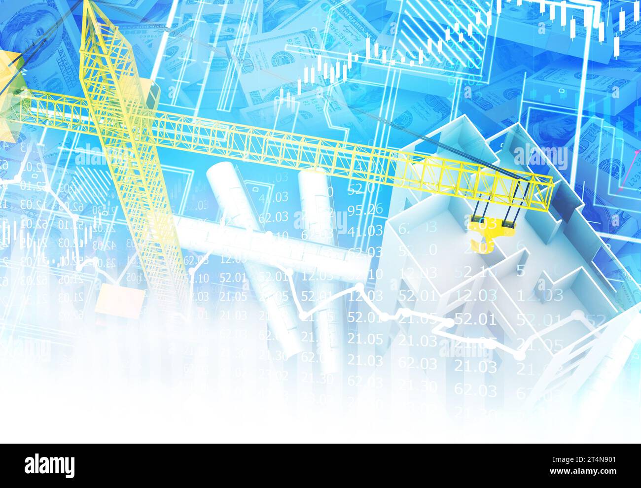 Building construction blueprint with stock market graph. 3d ...