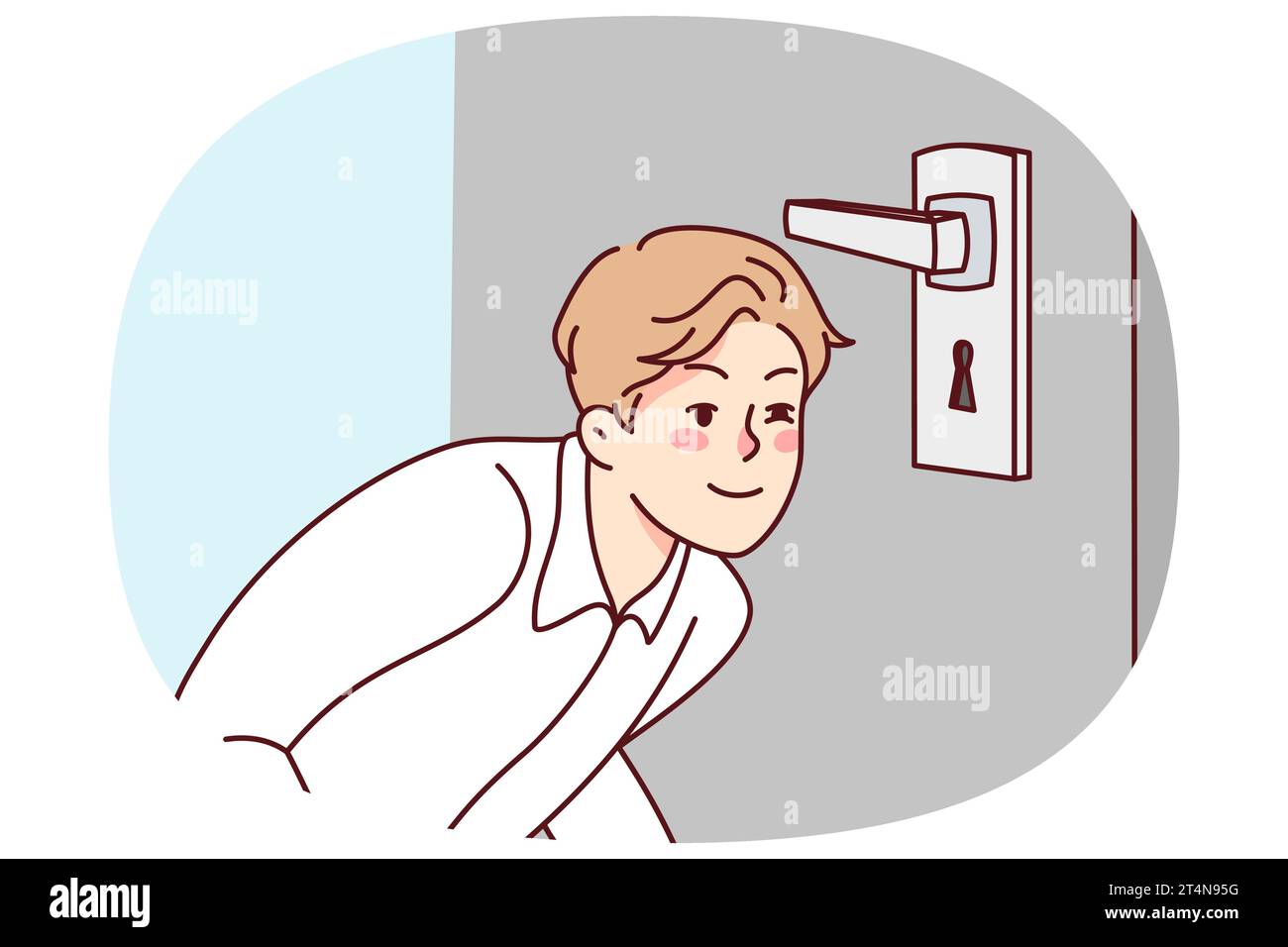 Suspicious young man look in door lock. Smiling guy peep in door hole ...