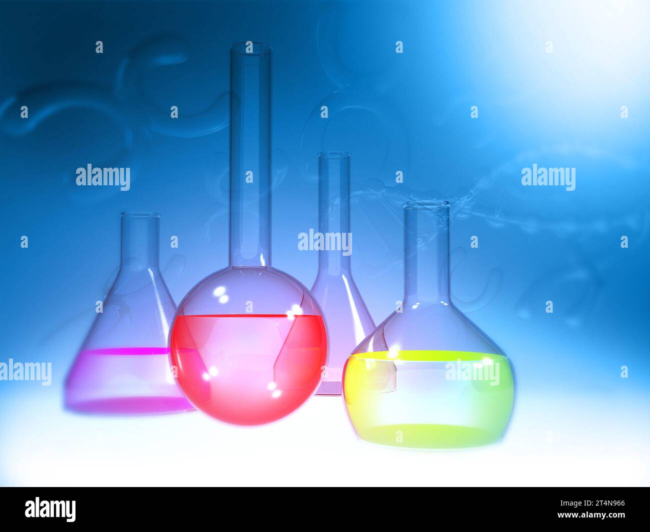 Laboratory flasks on scientific background. 3d illustration Stock Photo ...