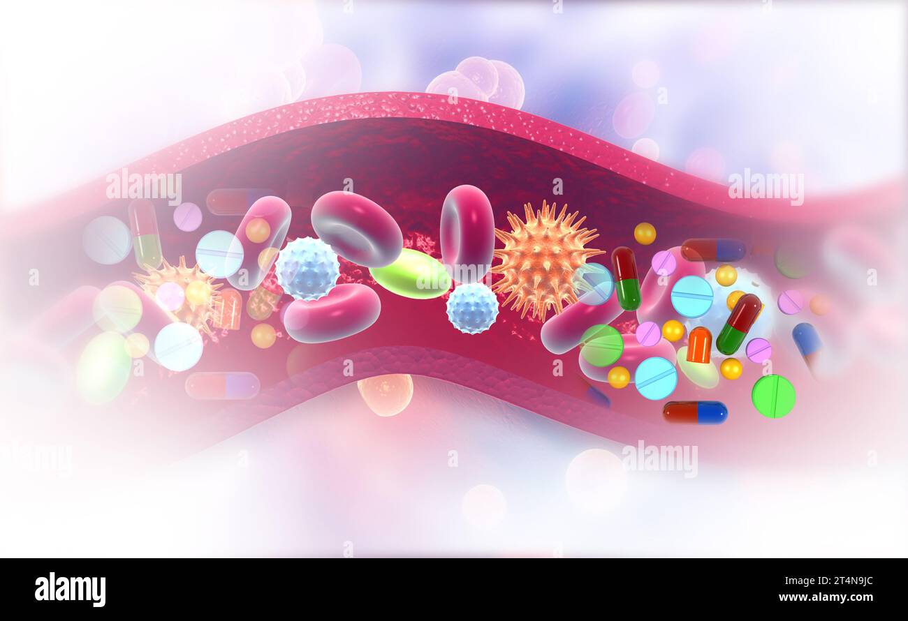 Medicines and virus in bloodstream. Medical background. 3d illustration ...