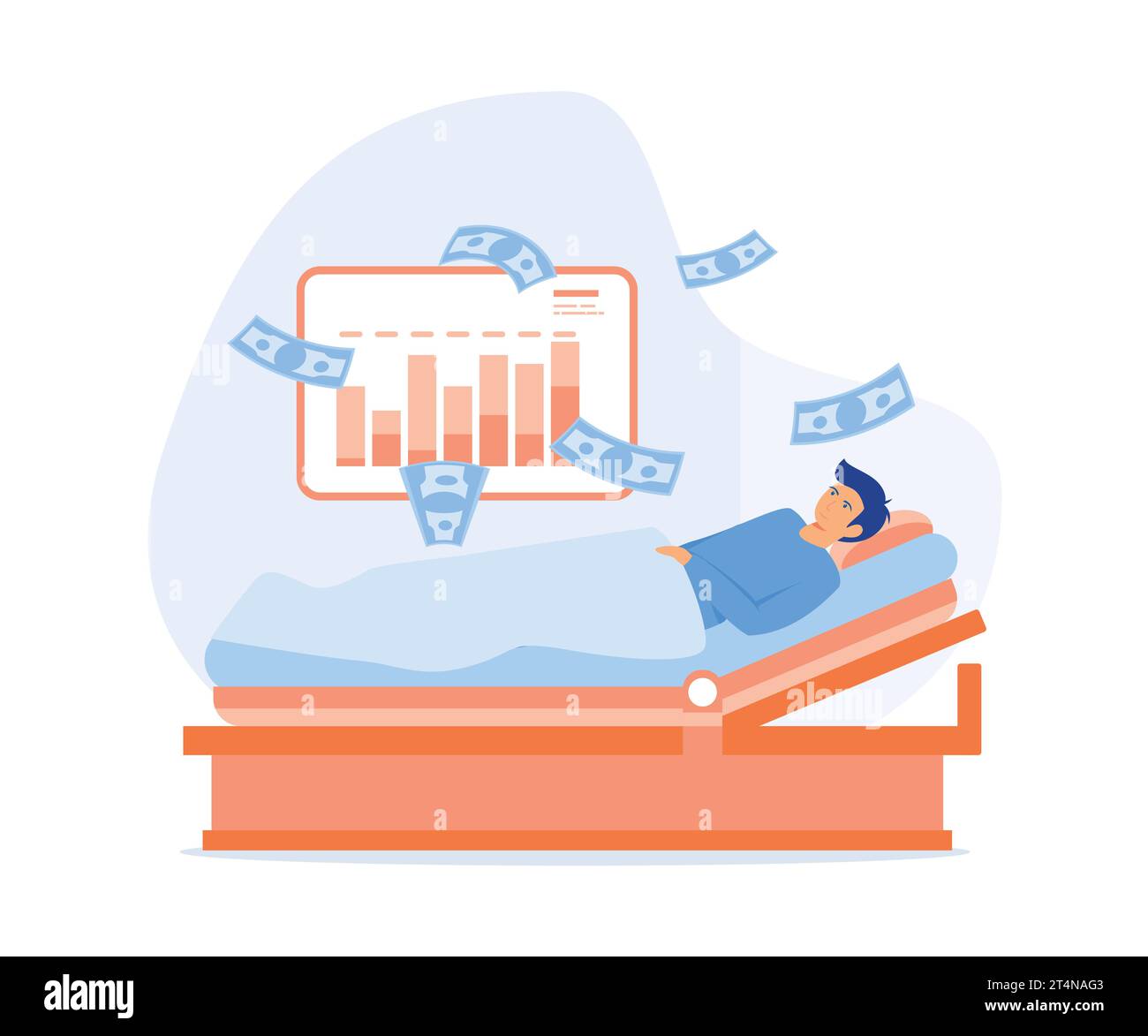 Passive income - earning money while sleeping, man in bedroom, raining ...