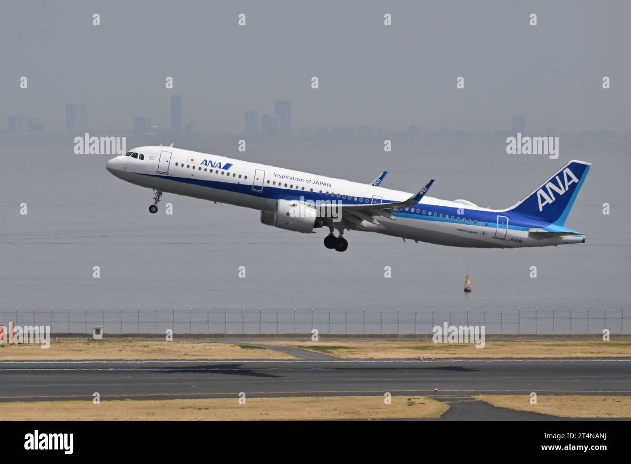ANA's Airbus A321neo (JA144A) taking off from Haneda. It is powered by ...